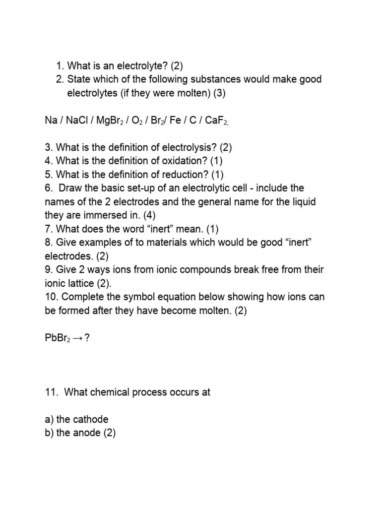 Electrolysis Worksheet 3 | PDF