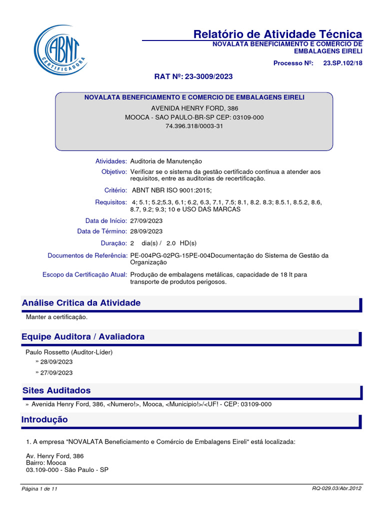 Relatorio ABNT | PDF | Qualidade (negócios) | Gestão de qualidade