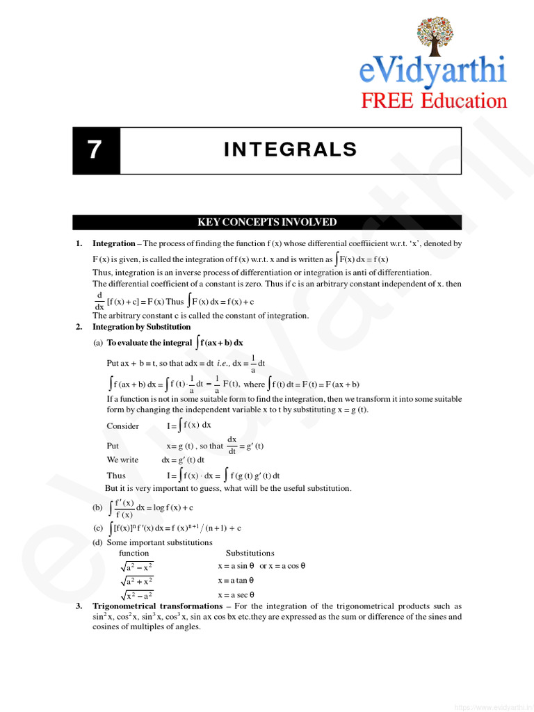 Class 12 Chapter 7 Maths Important Formulas | PDF | Integral | Factorization