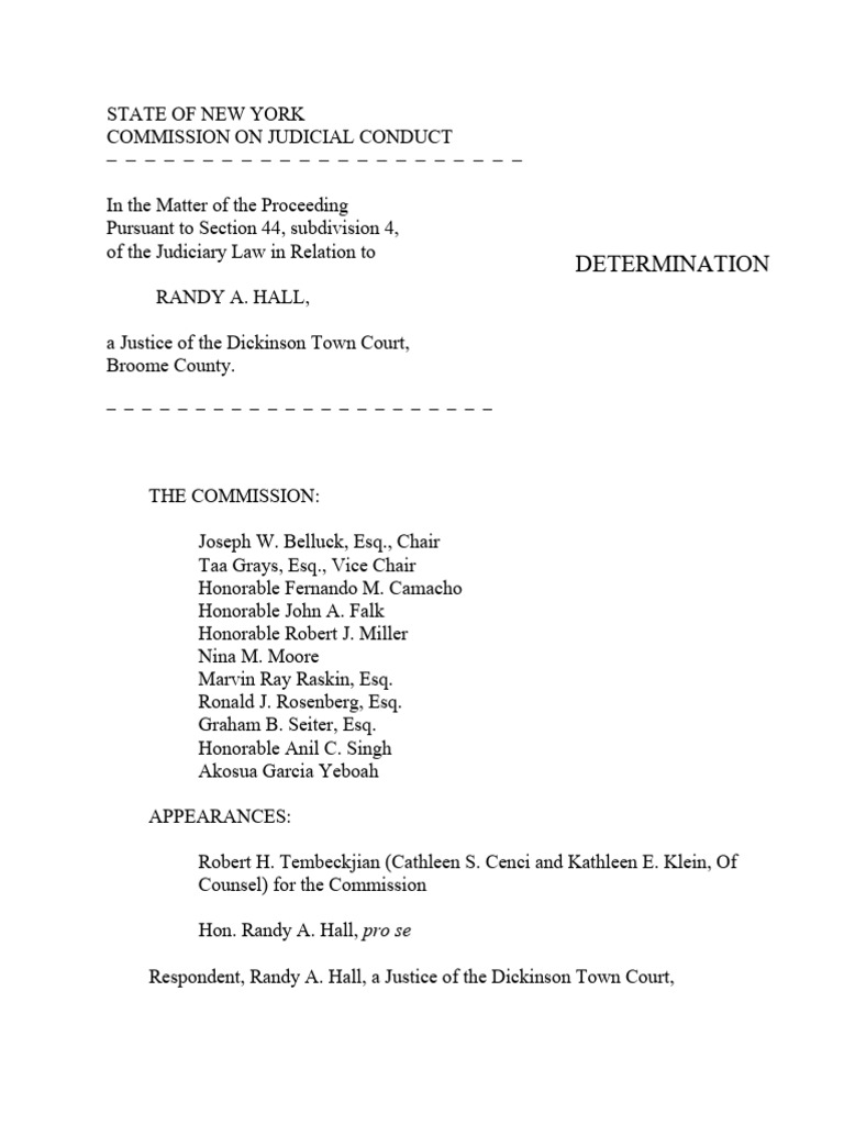 Judicial Commission Report On Dickinson Town Justice Randall A. Hall | PDF
