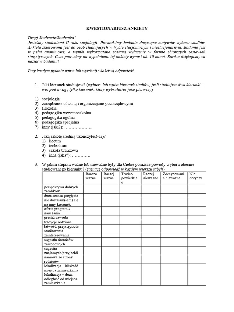 Kwestionariusz Ankiety - 2024 | PDF
