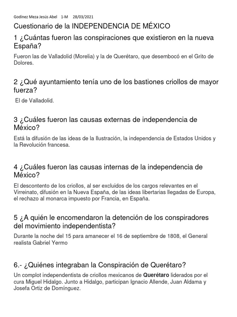 Cuestionario de la INDEPENDENCIA DE MÉXICO | PDF