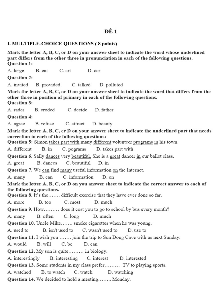 I. Multiple-Choice Questions (8 Points) | PDF | Homework