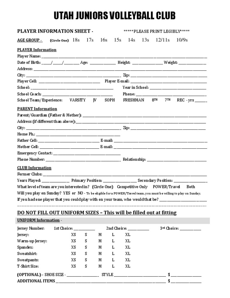 Player Information Sheet | PDF