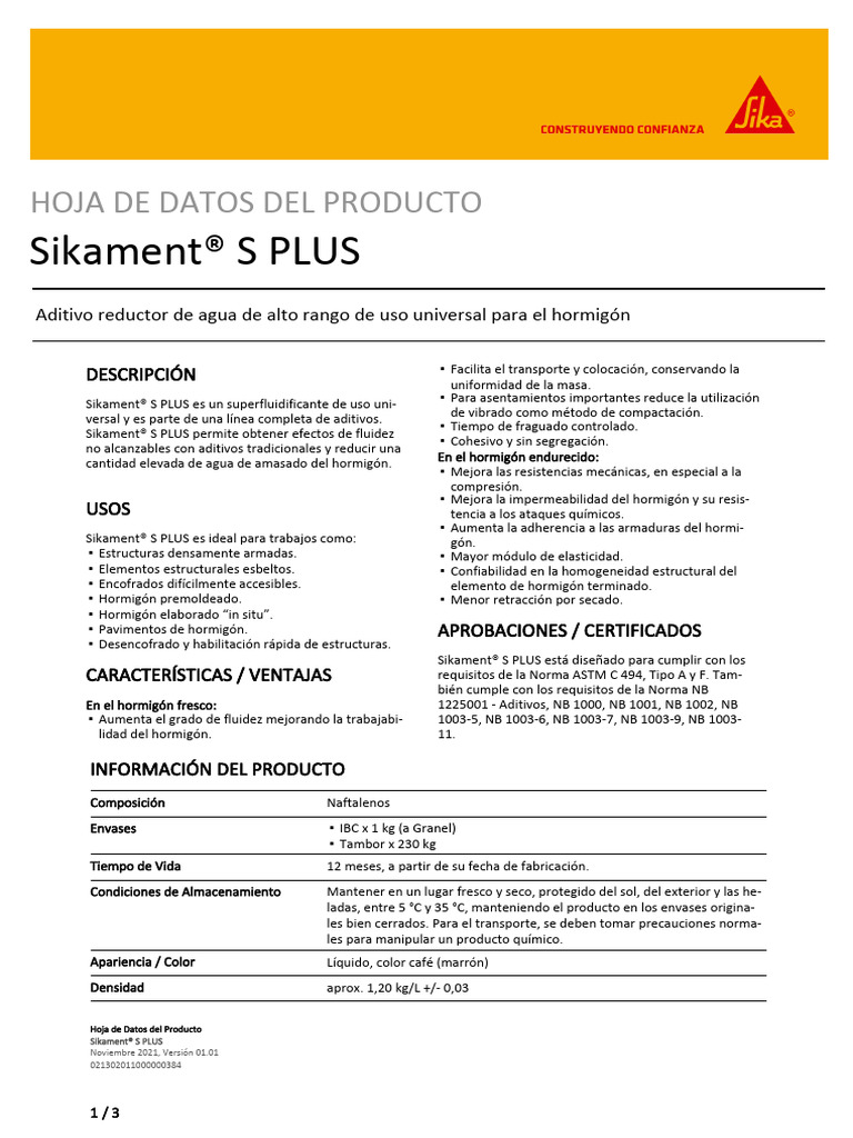 Sikament S Plus2 | PDF | Hormigón | Ciencias fisicas
