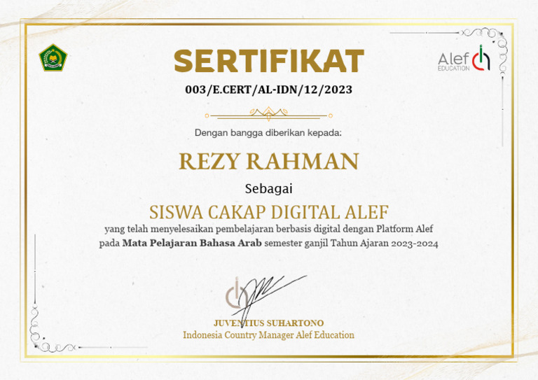 Sertifikat Siswa Cakap Digital Alef 2023 - Rezy Rahman | PDF