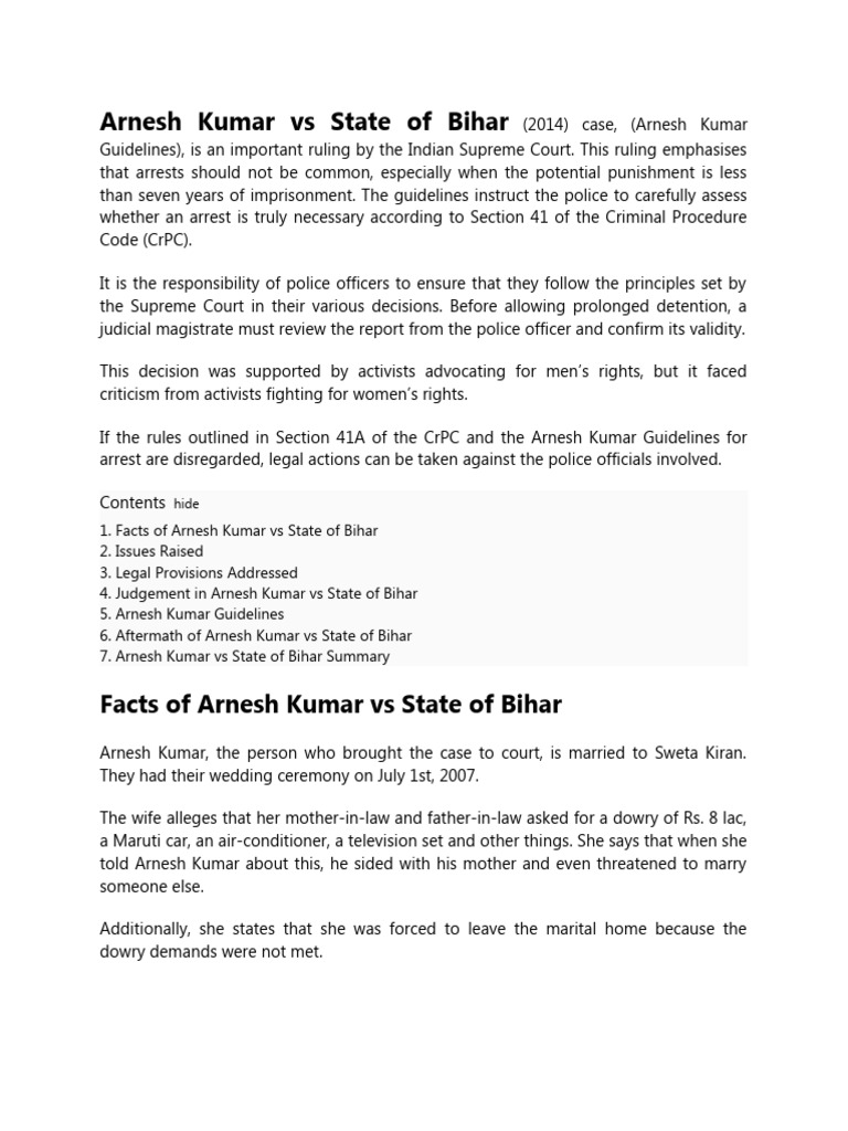 Arnesh Kumar vs State of Bihar Guidelines | PDF