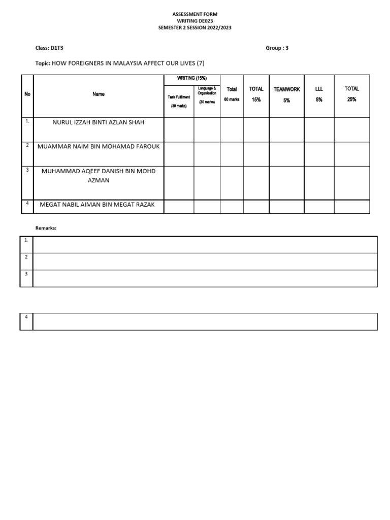 DE023 Writing Assessment Form | PDF