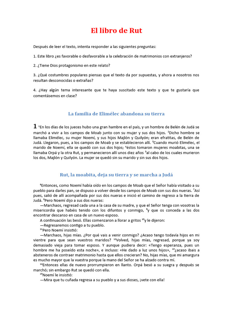 El Libro de Rut: La Familia de Elimélec Abandona Su Tierra | PDF | Noemí (figura bíblica ...