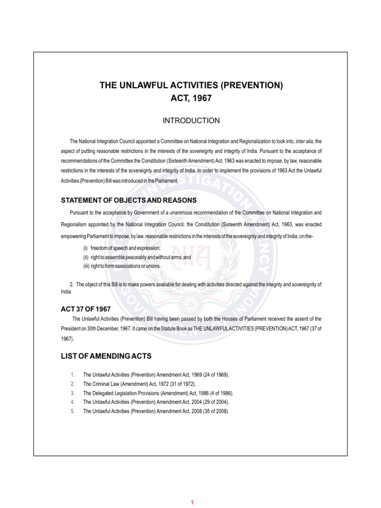 Unlawful activities (prevention) act, 1967 (37 of 1967) | PDF