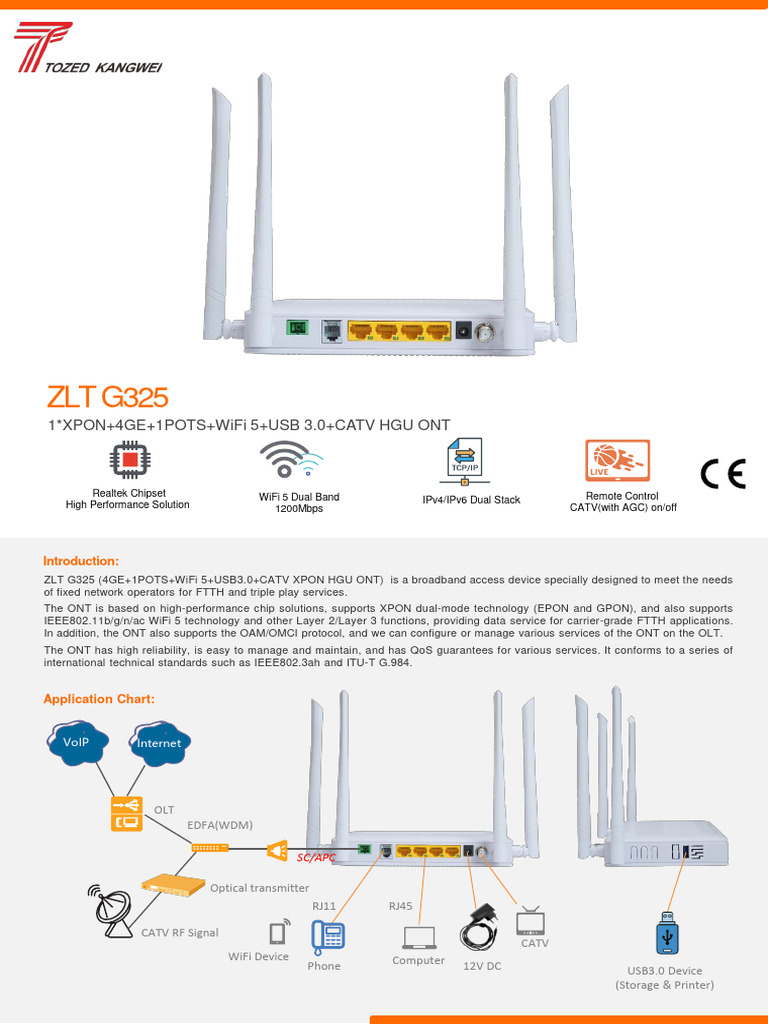 XPON ONU G325 Datasheet | PDF | I Pv6 | Wi Fi