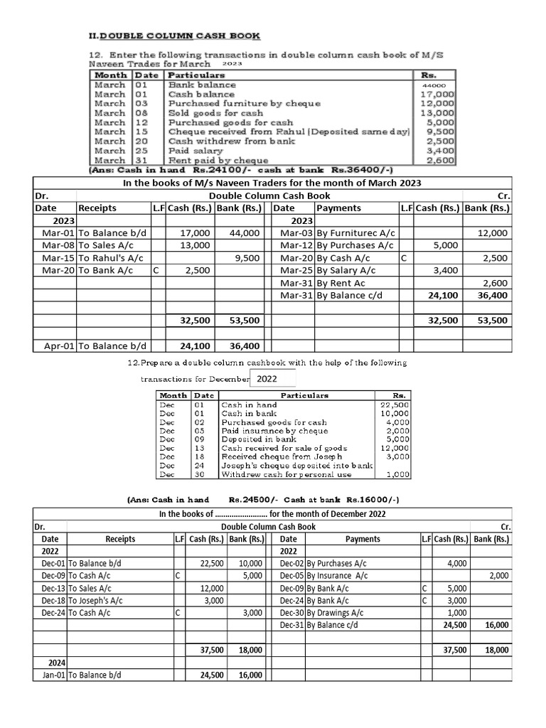 Double Column Cash Book 6 Marks | PDF | Receipt | Cash