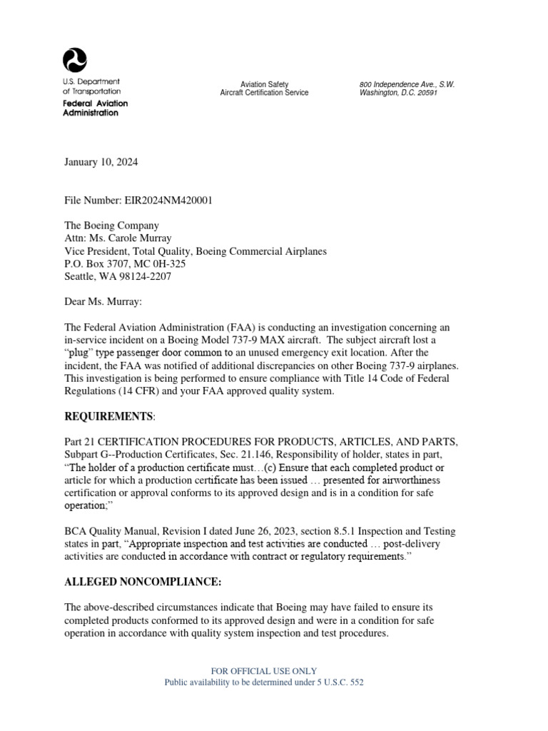 FAA Letter To Boeing | PDF | Federal Aviation Administration | Aviation