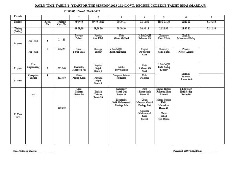 2023-2024 1st Year Class Timetable | PDF