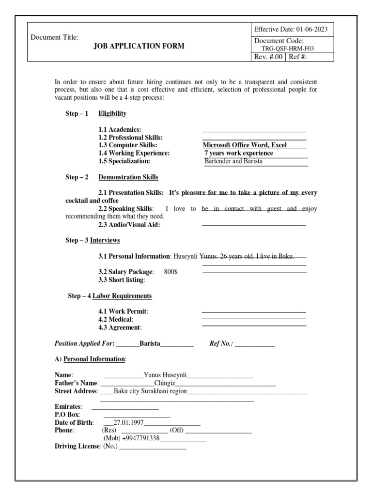 TRG Job Application Form | PDF | Bartender | Computing