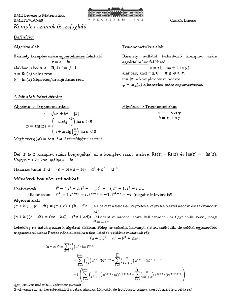 Komplex Szamok Osszefoglalo | PDF