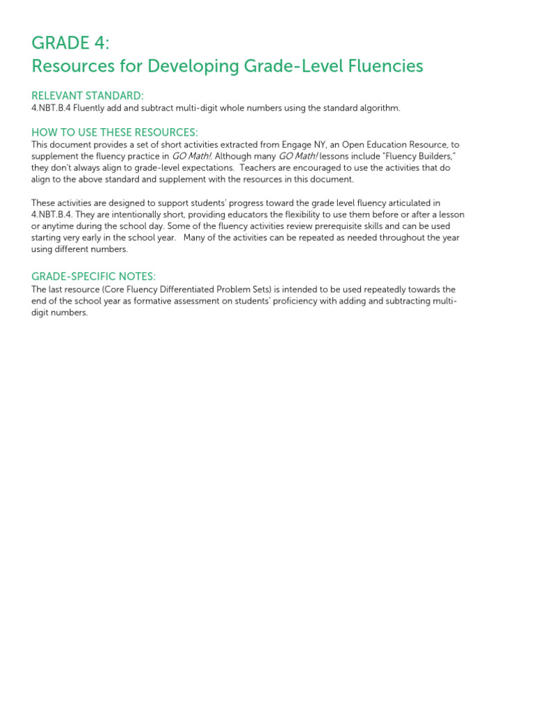 Grade 4 Fluency Activities Guide | PDF | Subtraction | Learning
