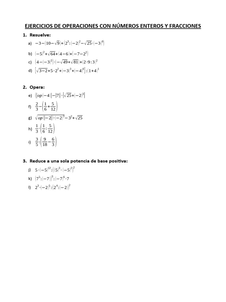 Ejercicios de Operaciones Con Números Enteros y Fracciones | PDF ...