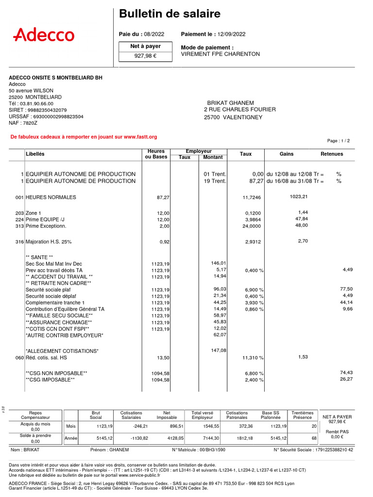 Bulletin de salaire : 927,98 € net | PDF | Salaires | Paiements