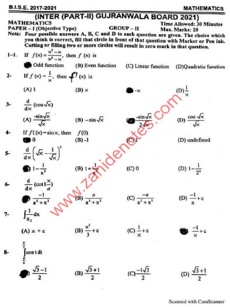 12th Math past papers solved MCQs Zahid Notes | PDF