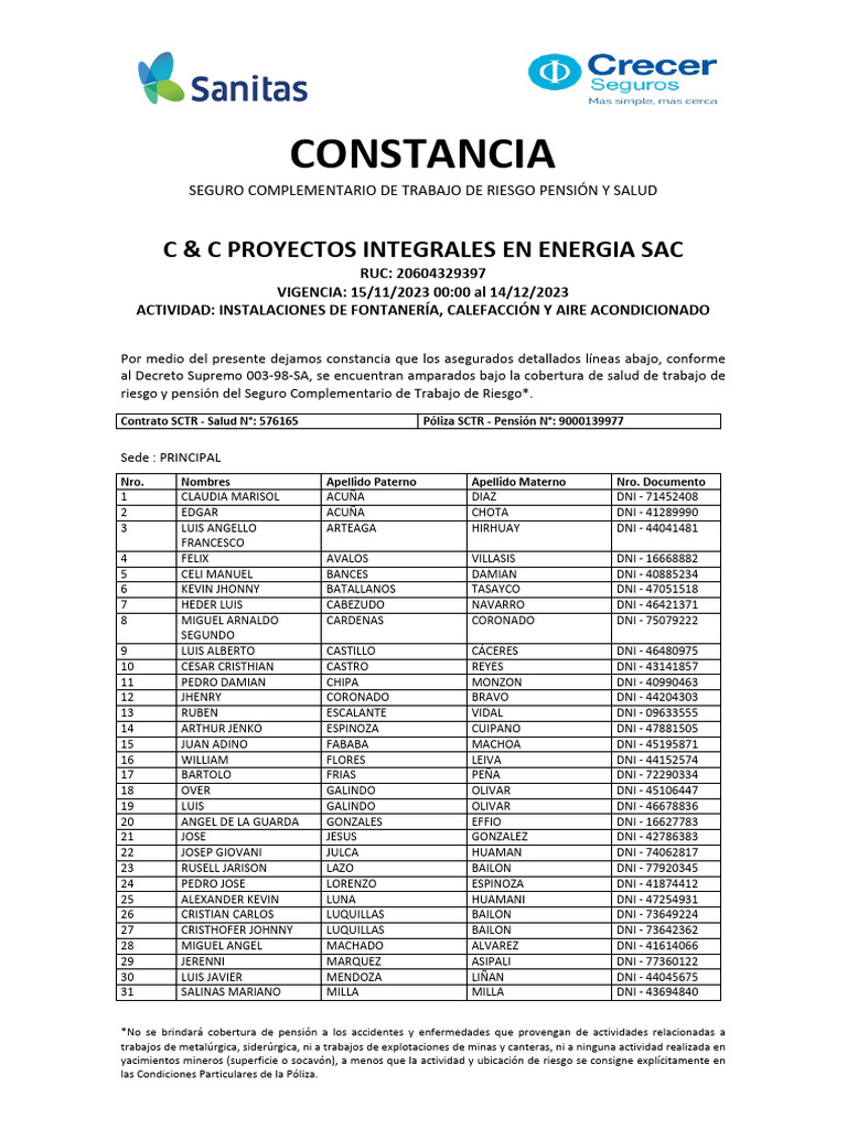Constancia SCTR C & C Proyectos Integrales en Energia Nov 2023 | PDF