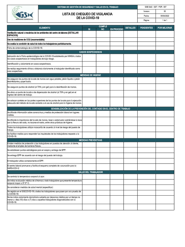 Lista de Chequeo de Vigilancia Covid-19 | PDF | Lavado de manos ...