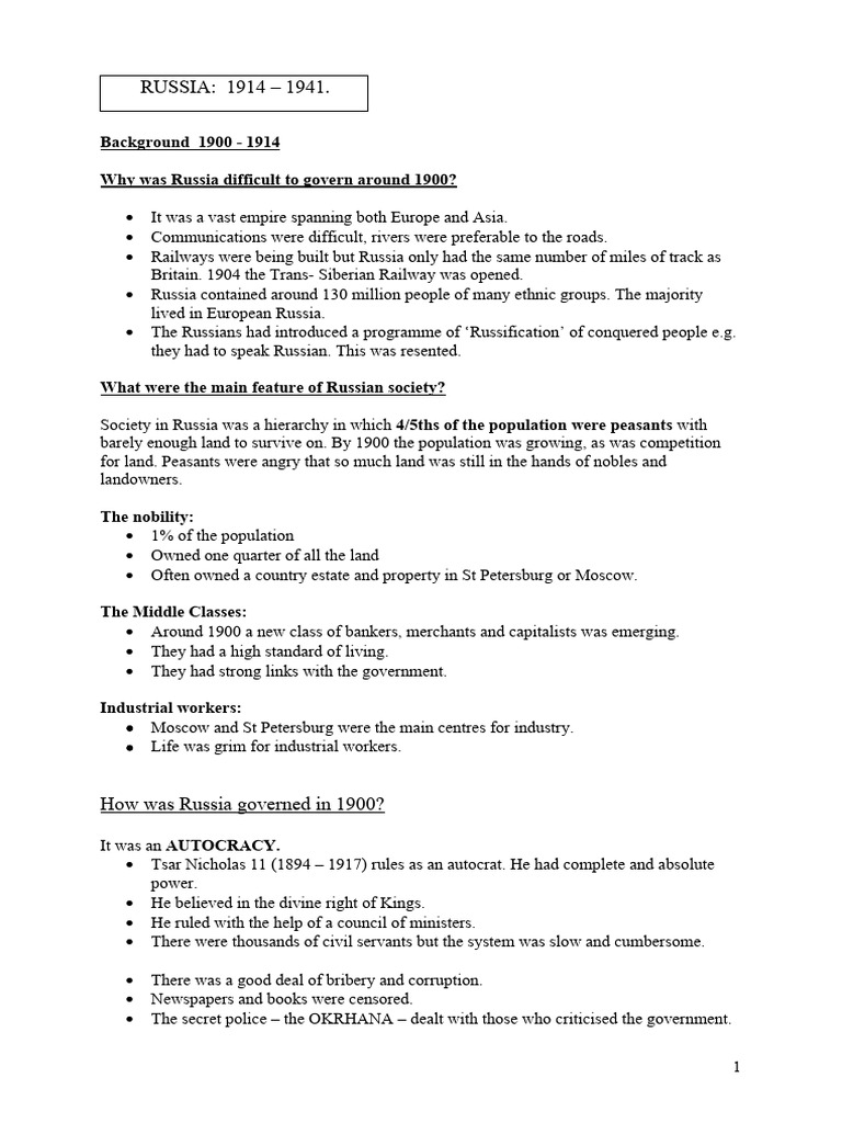 Russia Revision Notes To 1941 | PDF | Joseph Stalin | Vladimir Lenin