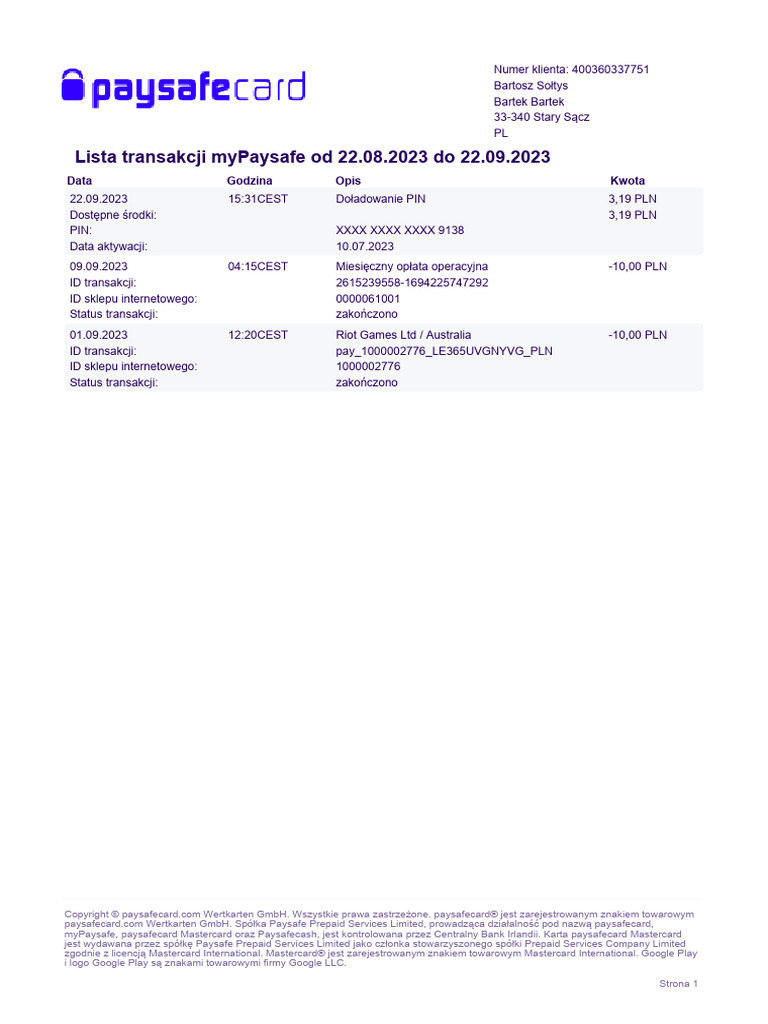 Paysafecard Account Transactions | PDF