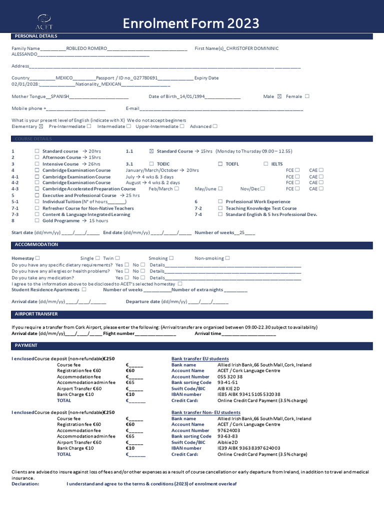 ACET Enrolment Form 2023 | PDF | Business