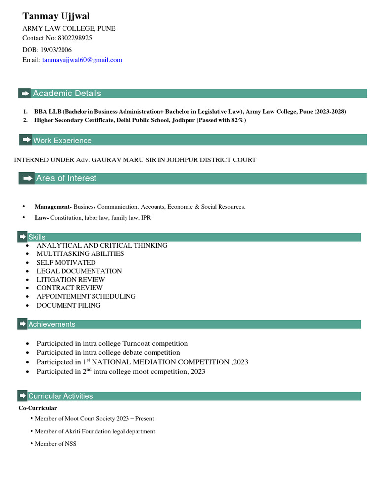 Resume of Tanmay Ujjwal | PDF | Law | Computers