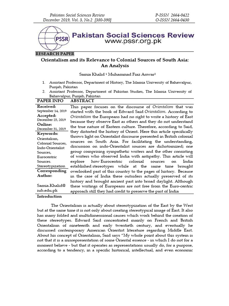 Orientalism and Its Relevance To Colonial Sources of South Asia An ... Orientalism and Its Relevance To Colonial Sources of South Asia An ...