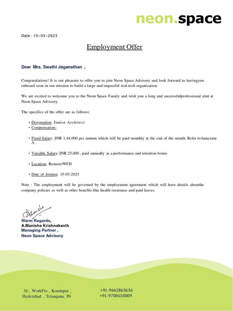 Offer Letter J Swathi | PDF