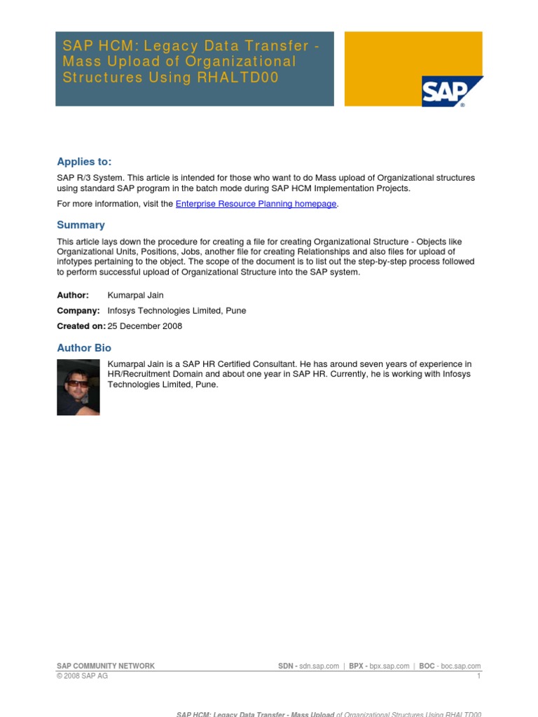 SAP HCM: Legacy Data Transfer - Mass Upload of Organizational Structures Using RHALTD00 | PDF ...