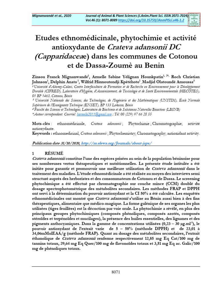 Ethnomédecine et antioxydants de Crateva adansonii | PDF | Filtration ...