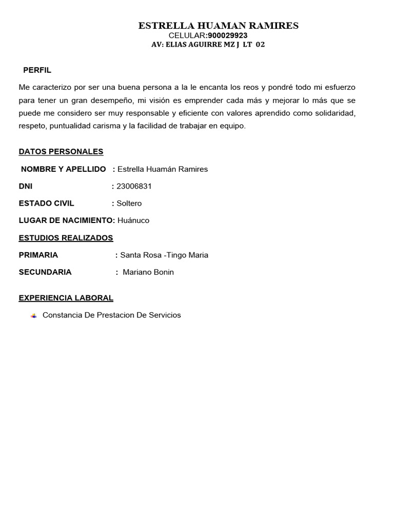 Currículum Vitae CV ESTRELLA HUAMAN RAMIREZ | PDF