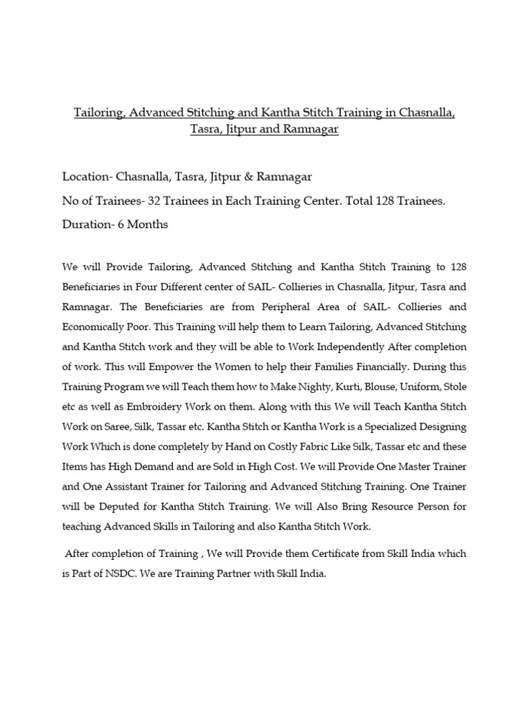 Tailoring & Kantha Stitch Training | PDF | Sewing | Sewing Machine