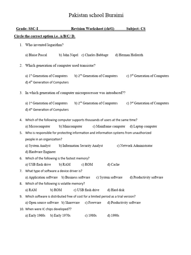 SSC-I(CS Worksheet Ch1) | PDF