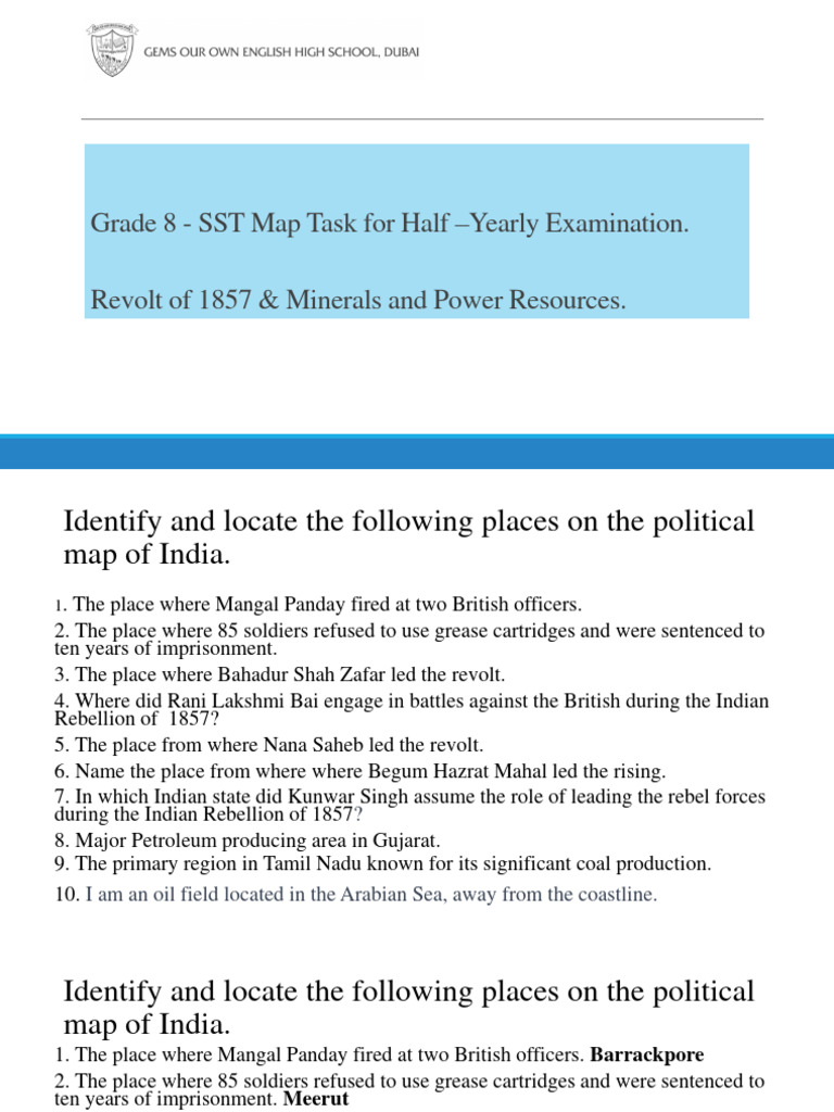Grade 8 - SST Map Practice-2023-24-Half Yearly | PDF | Indian Rebellion Of 1857 | Military Of ...