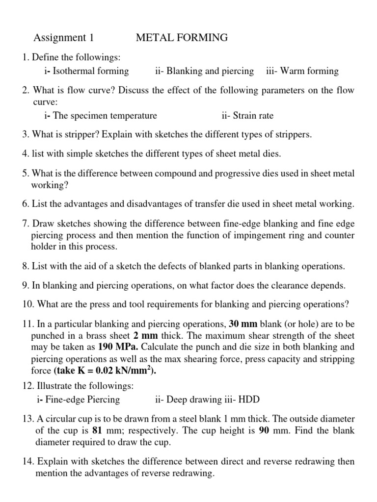 Assignment 1 ENG 173 METAL FORMING | PDF | Sheet Metal | Mechanics