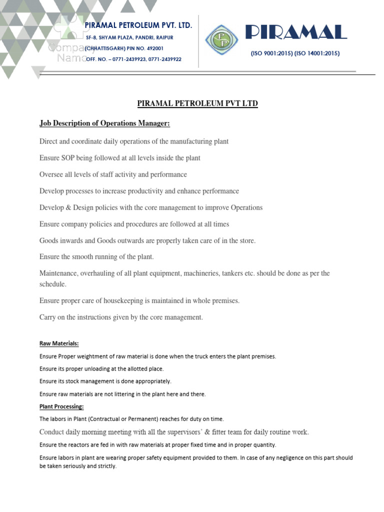 JD - Operations Manager | PDF | Business