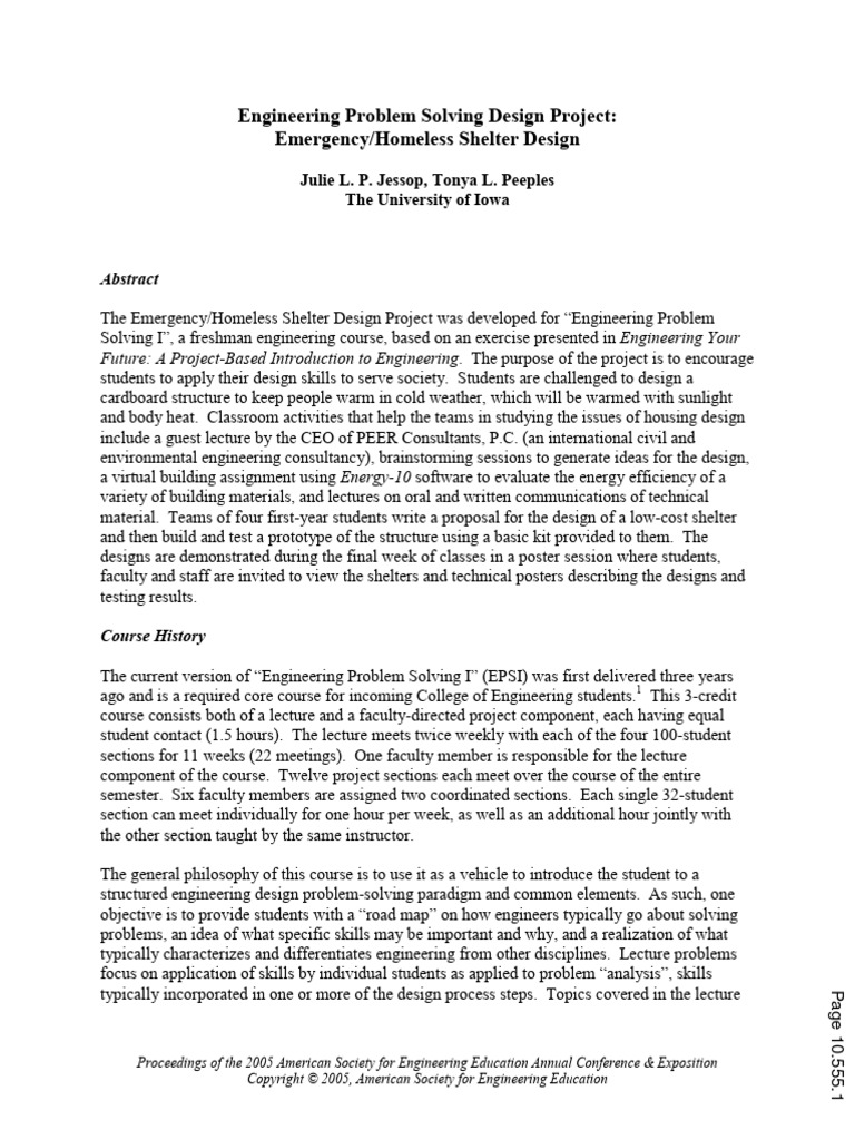 Engineering Problem Solving Design Project Emergency Homeless Shelter Design | PDF | Lecture ...