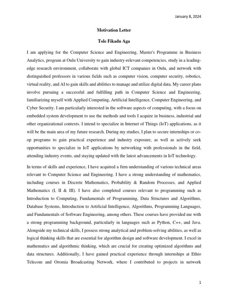 Aga Tole Motivation Letter | PDF | Internet Of Things | Computer Science