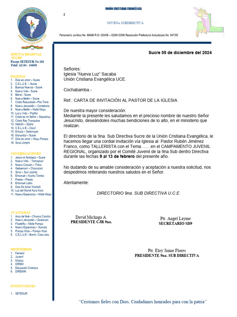 Sabaca Carta de Invitacion Pastor | PDF | Religiones abrahámicas | Teología