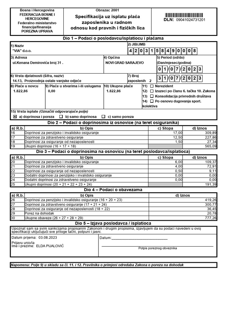 Specifikacija Uz Isplatu Plaća Zaposlenika U Radnom Odnosu Kod Pravnih ...