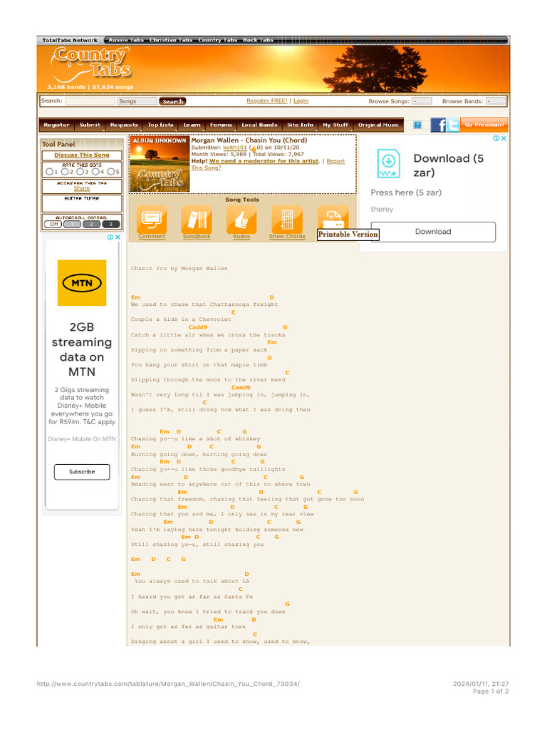 Chasin You Chords, Guitar Tab, and Lyrics by Morgan Wallen at ...
