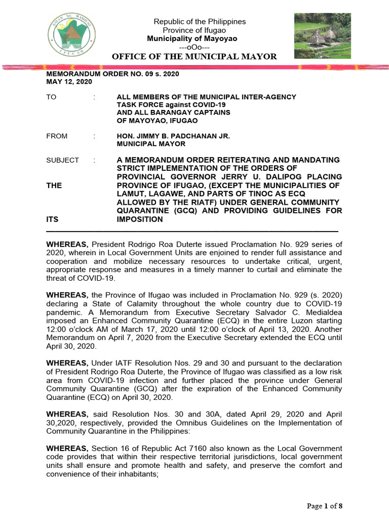 MUN. MEMORANDUM ORDER NO. 09 S. 2020 MAY 12, 2020 Reiterating P-GOV ...