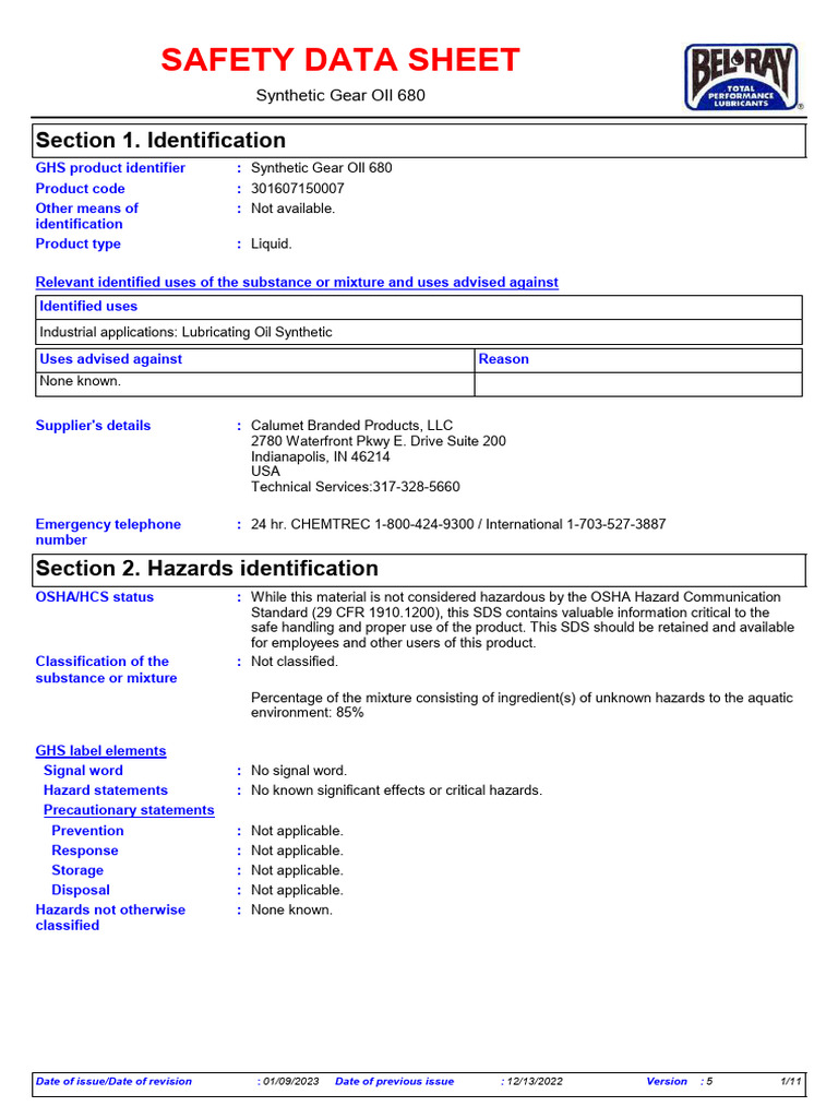 Synthetic Gear Oil 680 Safety Data | PDF | Safety | Labor Relations