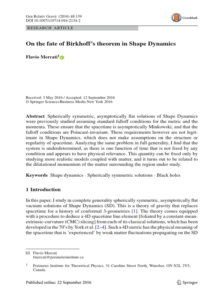 2016 On The Fate of Birkhoff's Theorem in Shape Dynamics | PDF | Mathematical Analysis ...