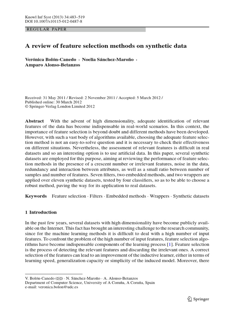 A Review Of Feature Selection Methods On Synthetic Data Download Free