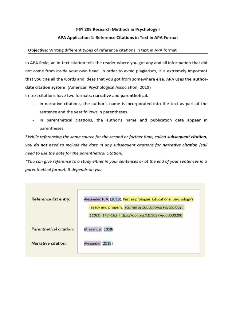 PSY 205 - APA Application 1 - Reference Citations in Text in APA Form ...